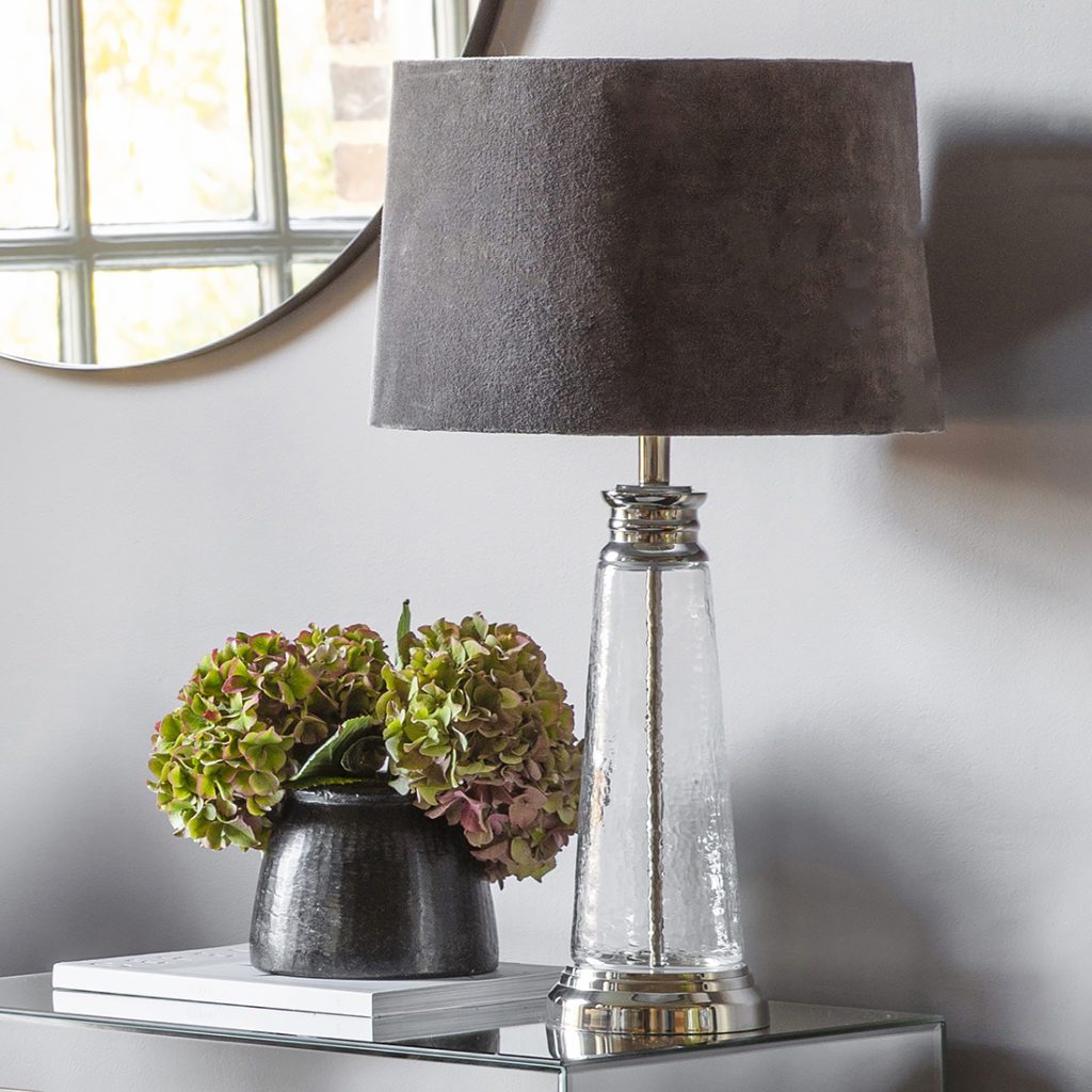 Textured Glass Table Lamp with Grey Velvet Shade - Primrose & Plum