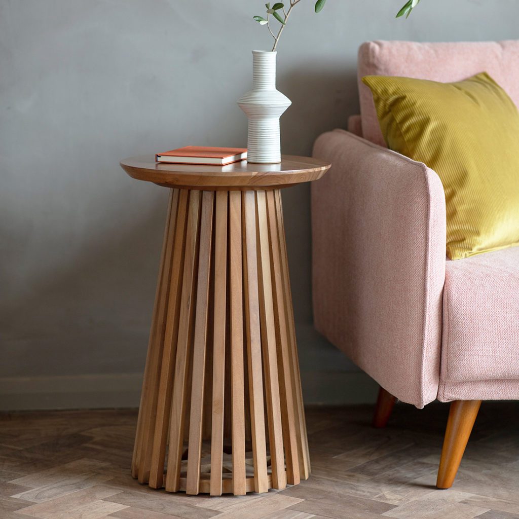 Natural Wooden Slatted Round Side Table - Primrose & Plum