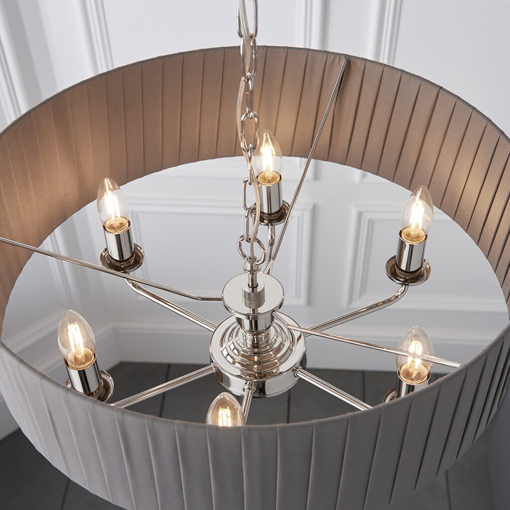 Clarabella Six-Arm Silver Pendant Light with Pleated Shade