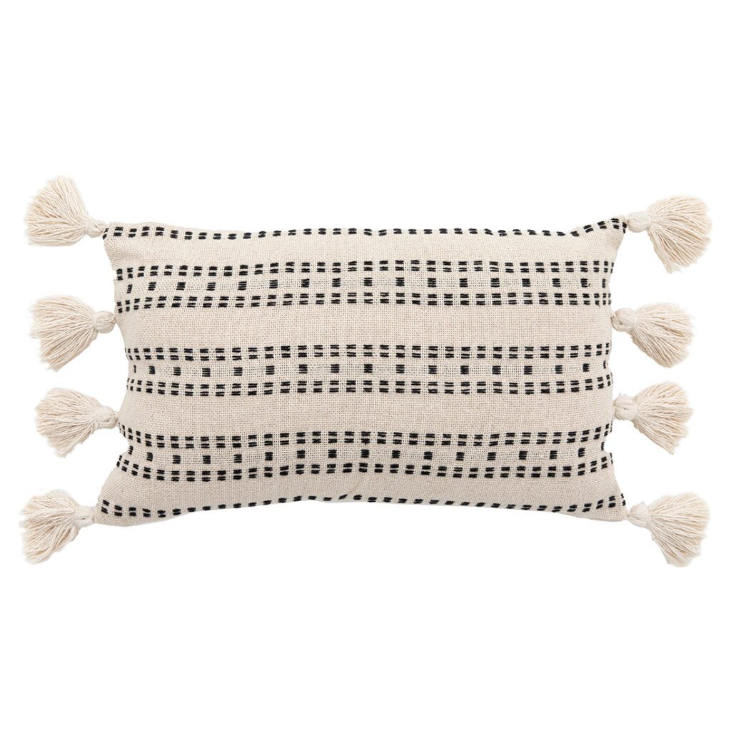 Rectangular Cream Linear Cushion with Tassels | Cushions